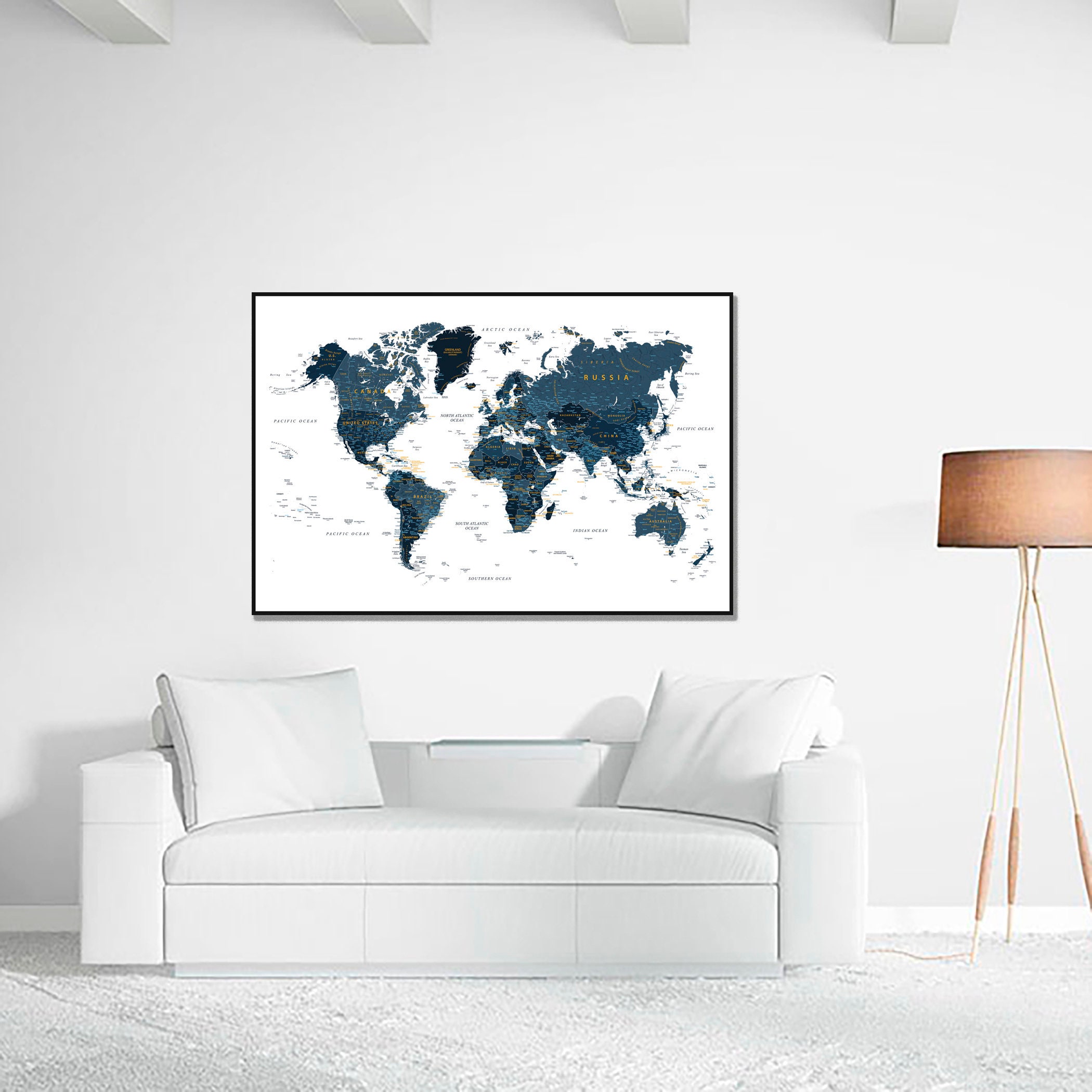 World Map Blue Digital Print World Map Poster Large Wall Art - Etsy
