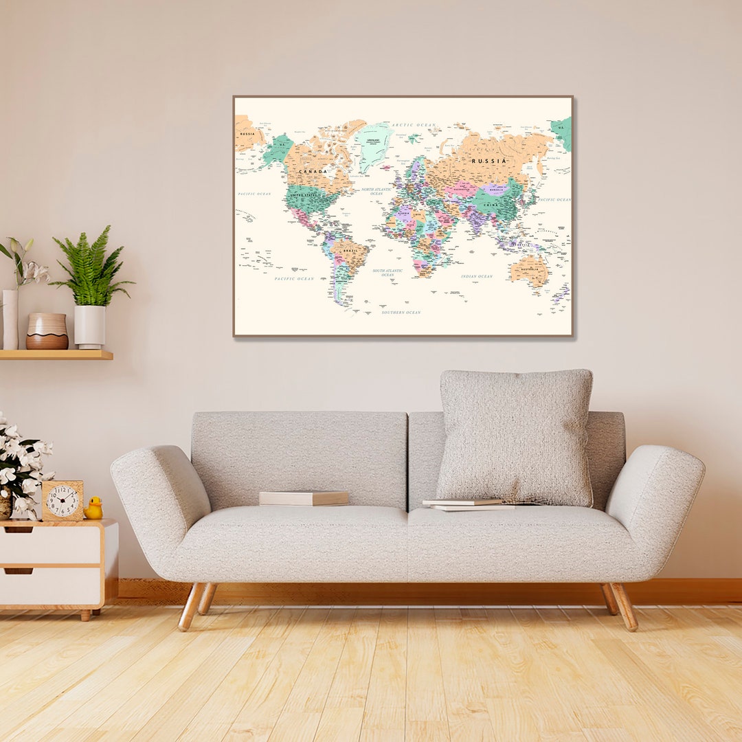 Printable World Map Extra Large Blue Colors Downloadable Large - Etsy