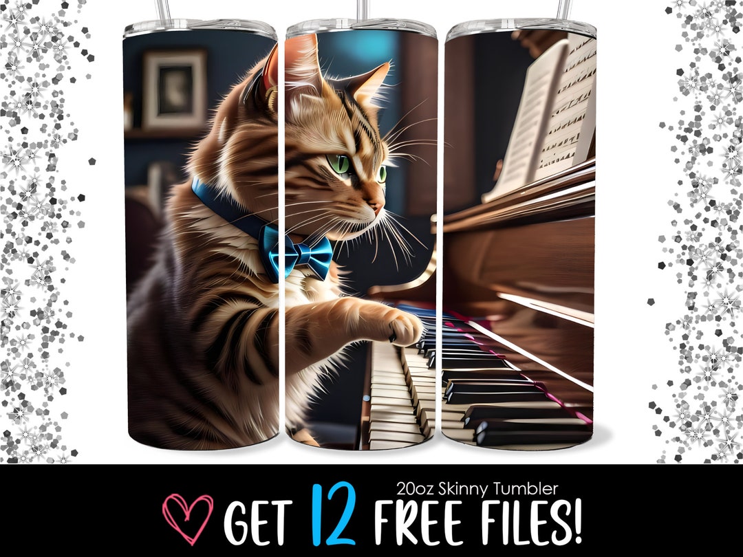 Cat Playing Piano Tumbler Wrap Png, 20 Oz Skinny Tumbler Sublimation ...