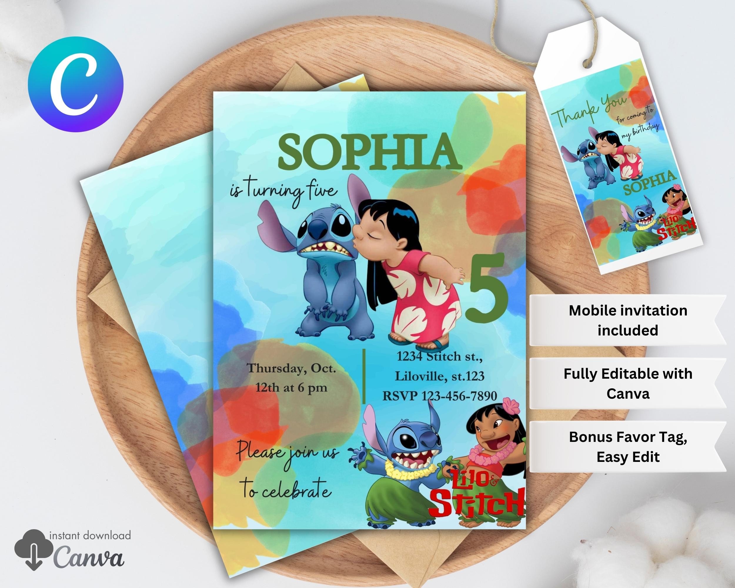 Invitación de cumpleaños de Stitch editable y etiqueta de - Etsy México