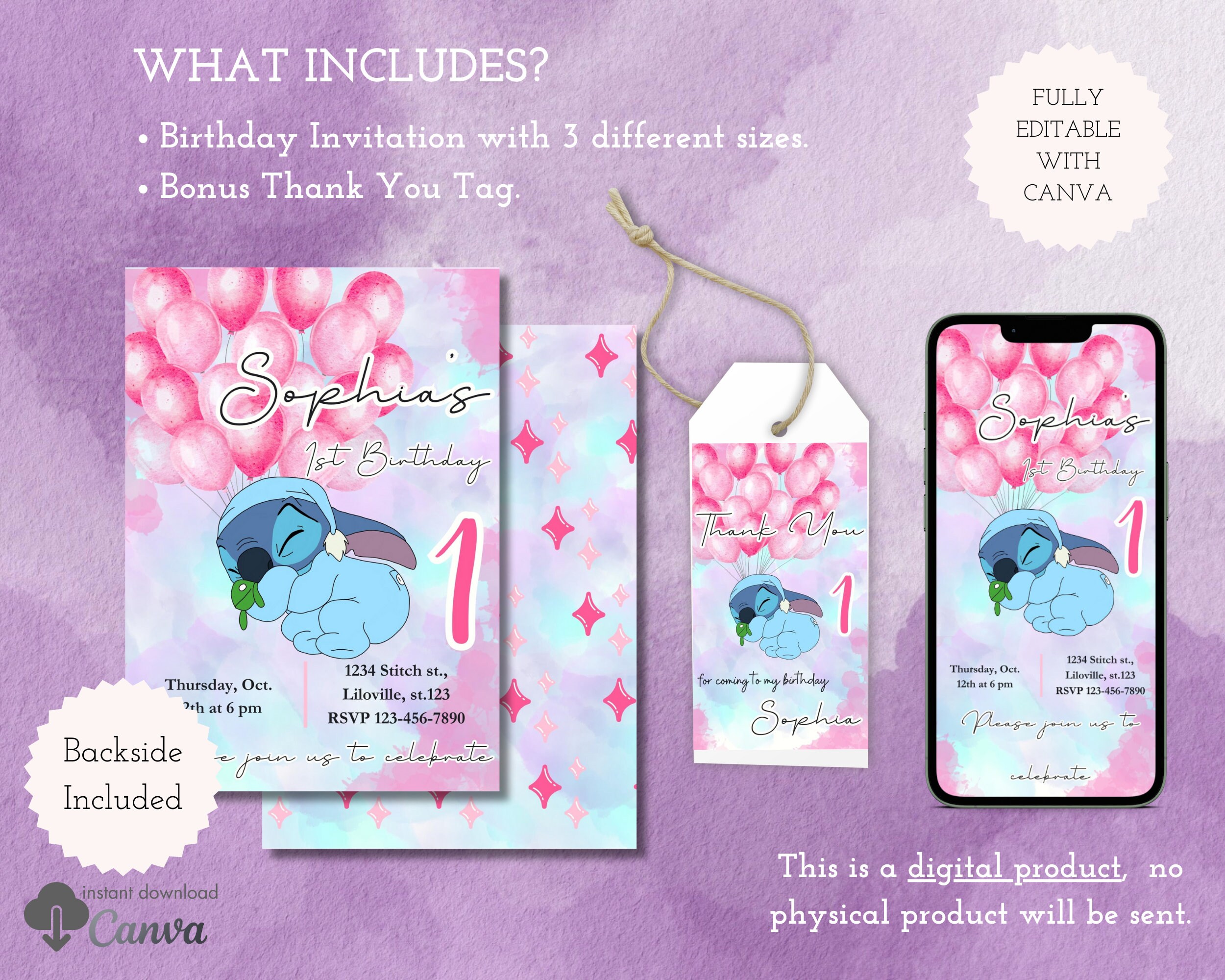 Personalized Stitch 1st Birthday Invitation & Favor Tag, Baby Stitch ...