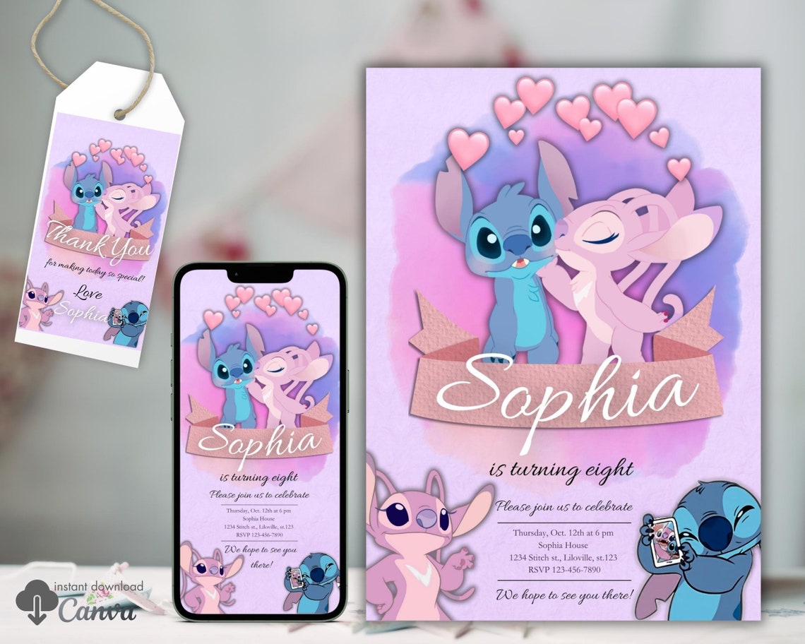 Personalized Stitch and Angel Birthday Party Invitation & Favor Tag ...