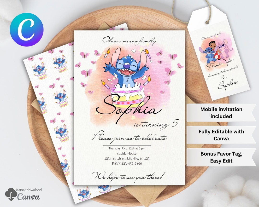 Personalized Stitch Birthday Invitation Template, Party Favor ...