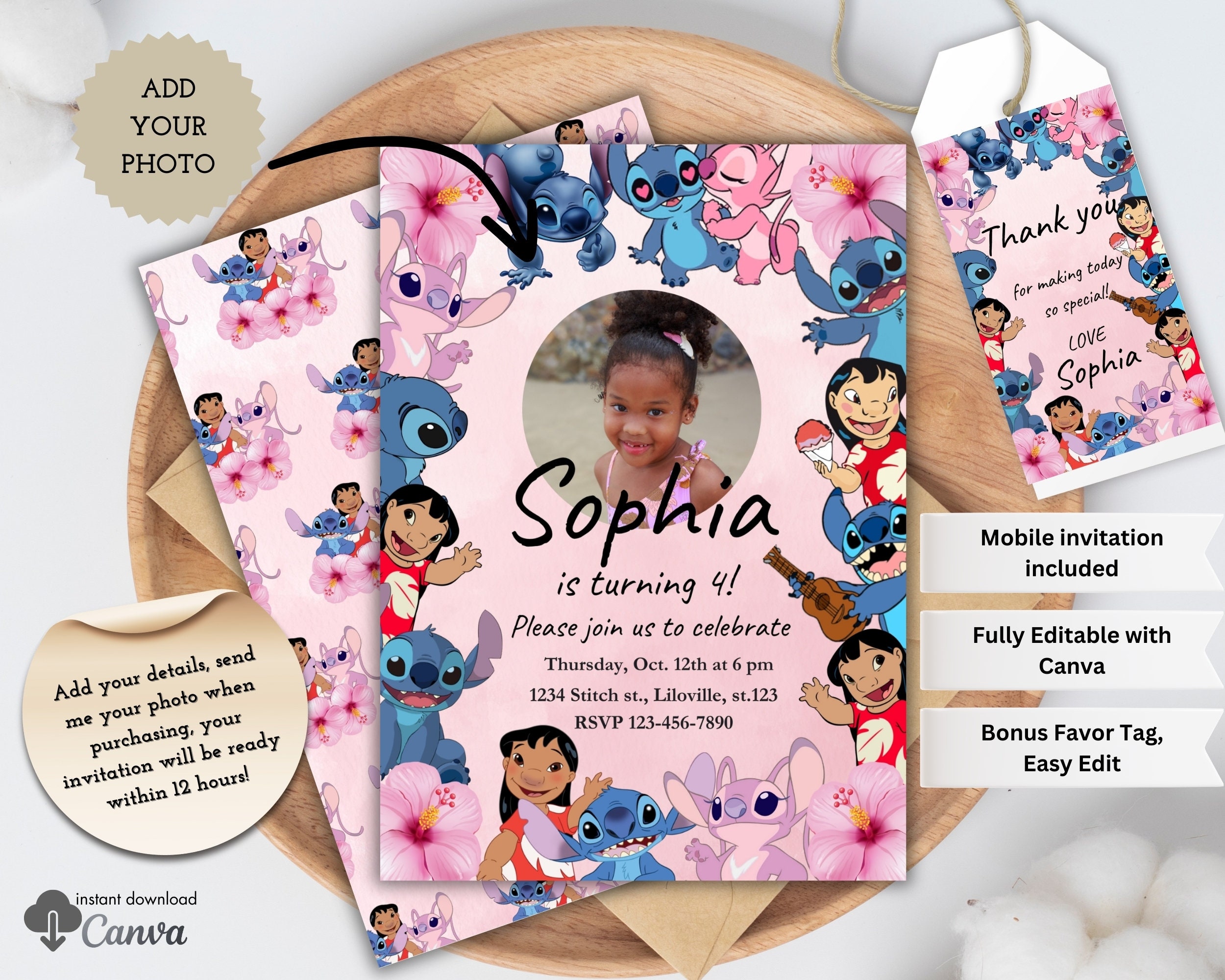 Editable Stitch and Angel Birthday Party Invitation With Photo & Favor ...
