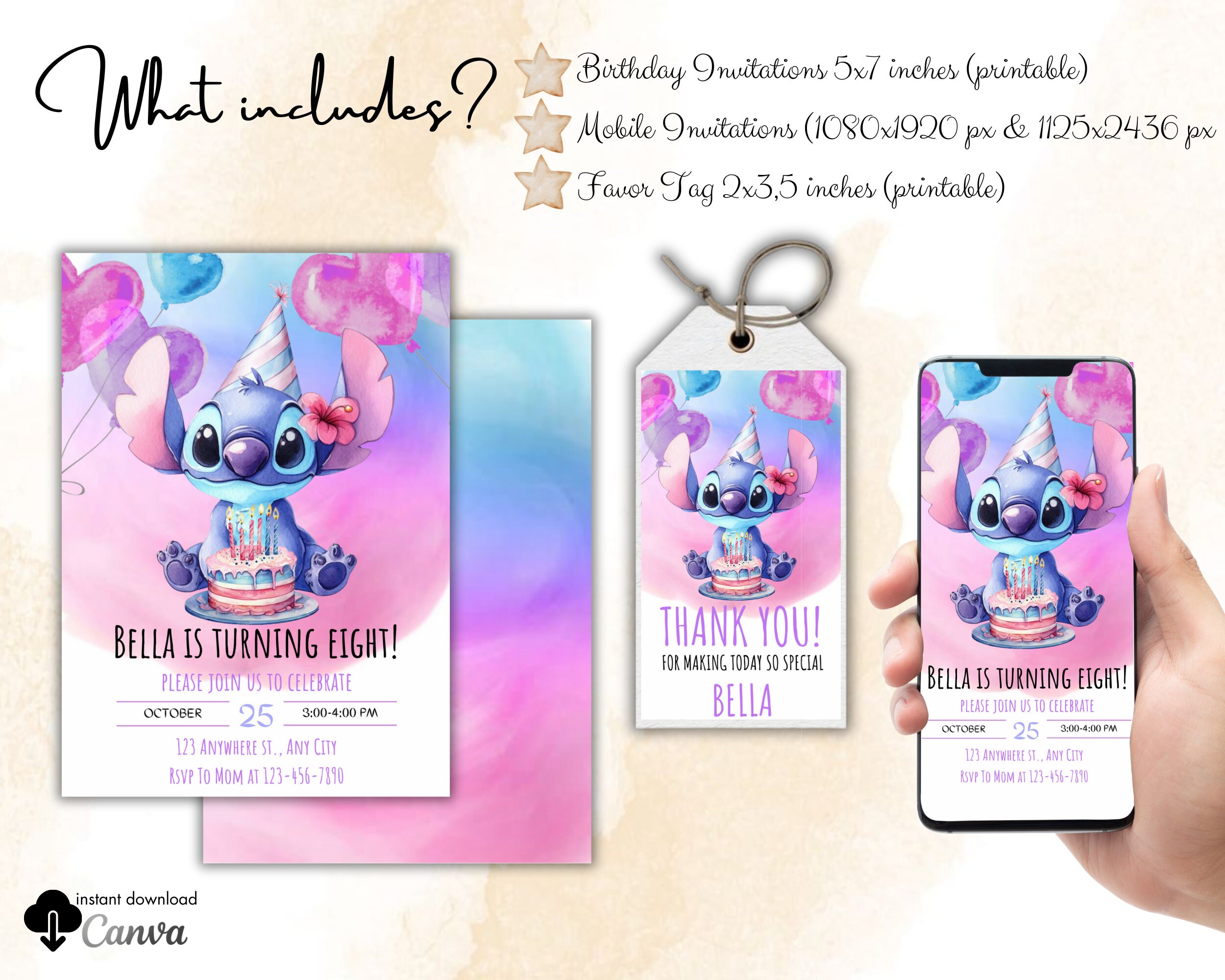 Invitación de cumpleaños de Stitch editable y plantilla de etiqueta de ...
