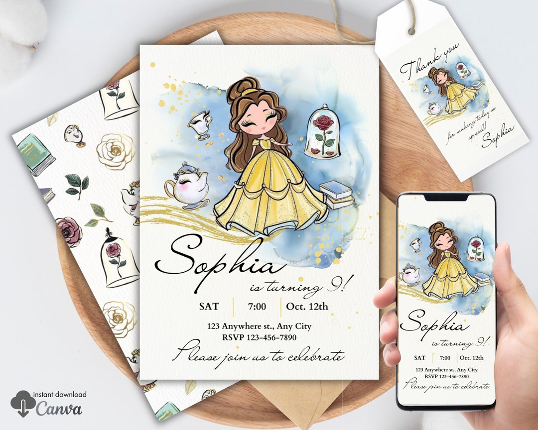 Personalized Belle Birthday Invitation and Favor Tag Template, Editable ...