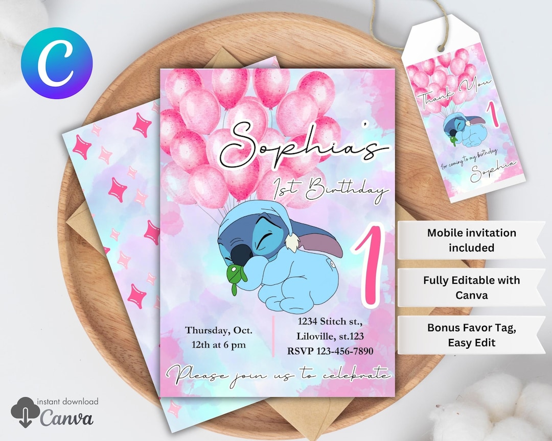 Personalized Stitch 1st Birthday Invitation & Favor Tag, Baby Stitch ...