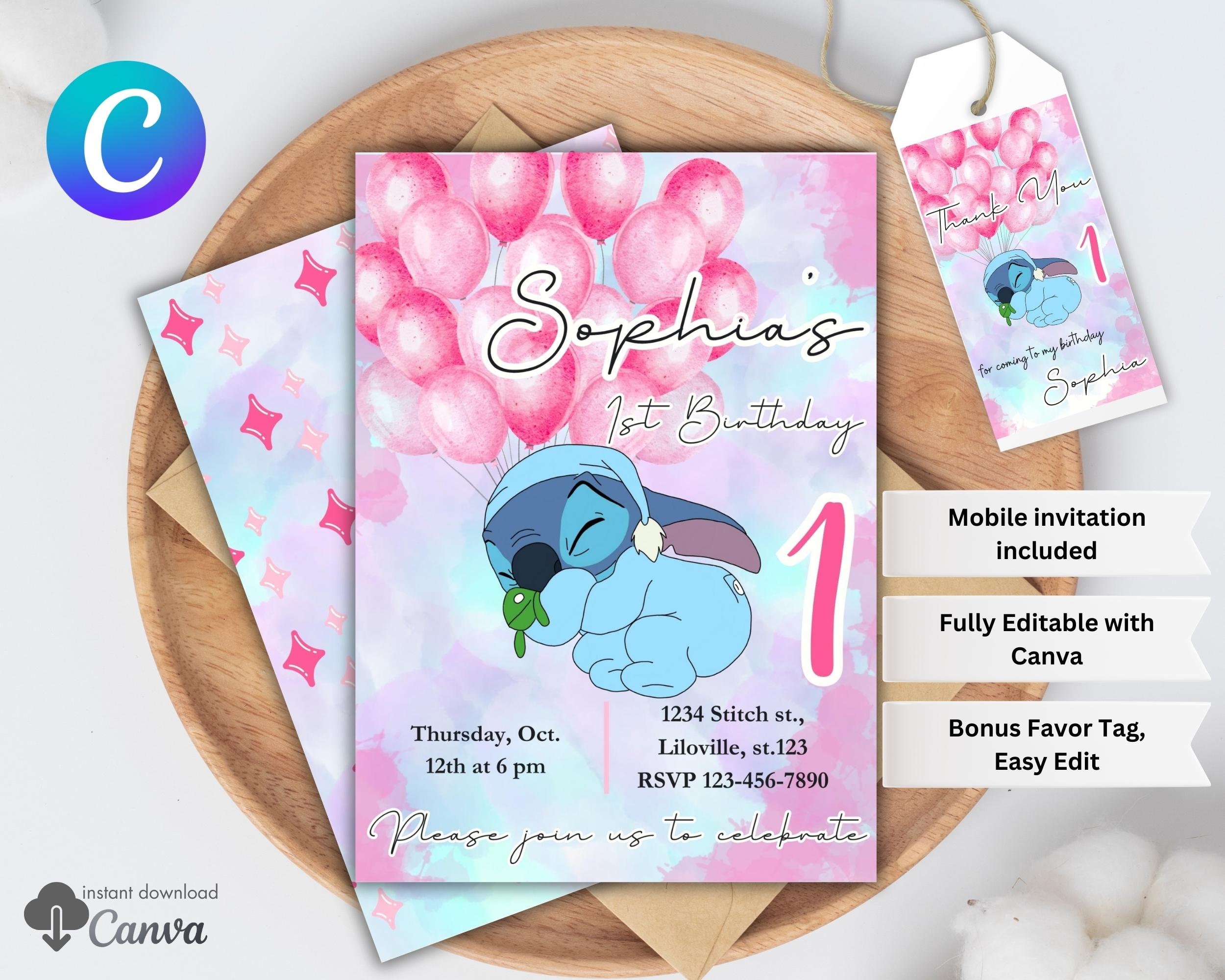 Personalized Stitch 1st Birthday Invitation & Favor Tag, Baby Stitch ...