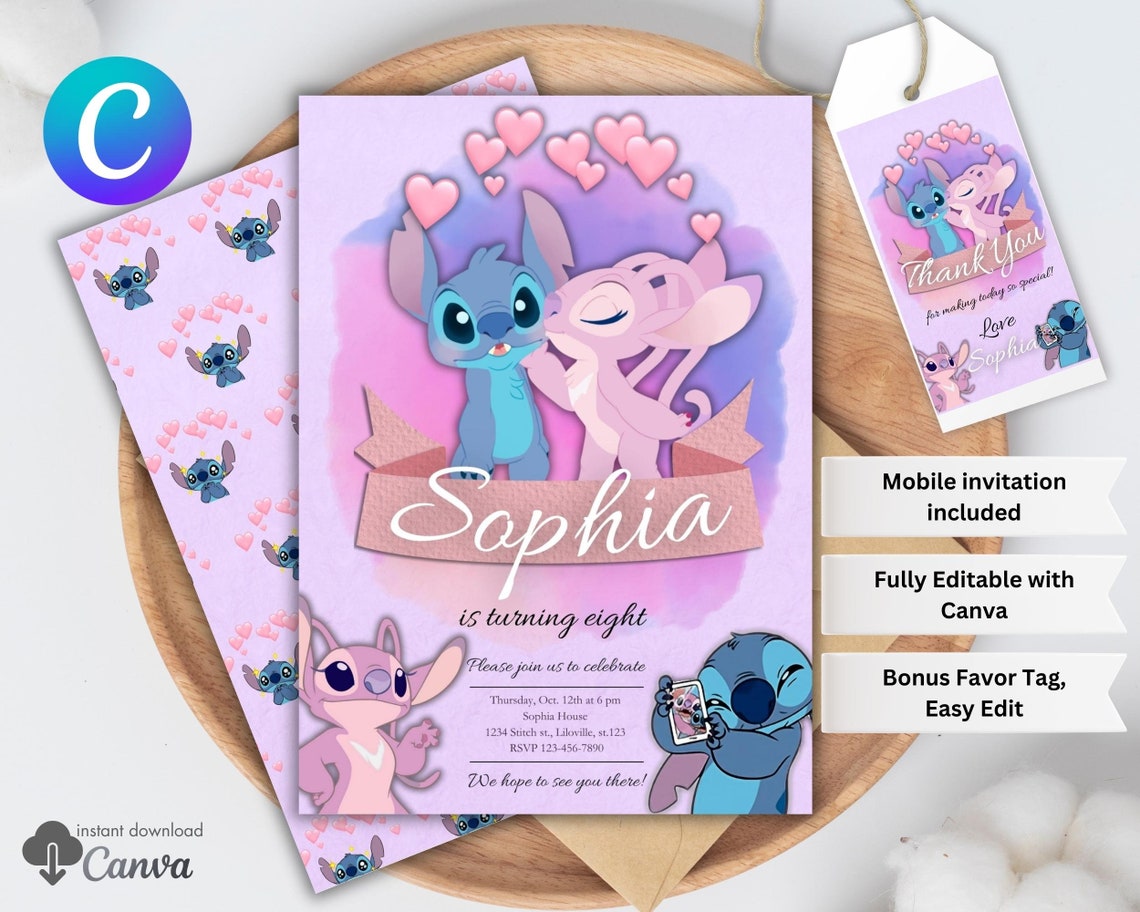 Personalized Stitch and Angel Birthday Party Invitation & Favor Tag ...