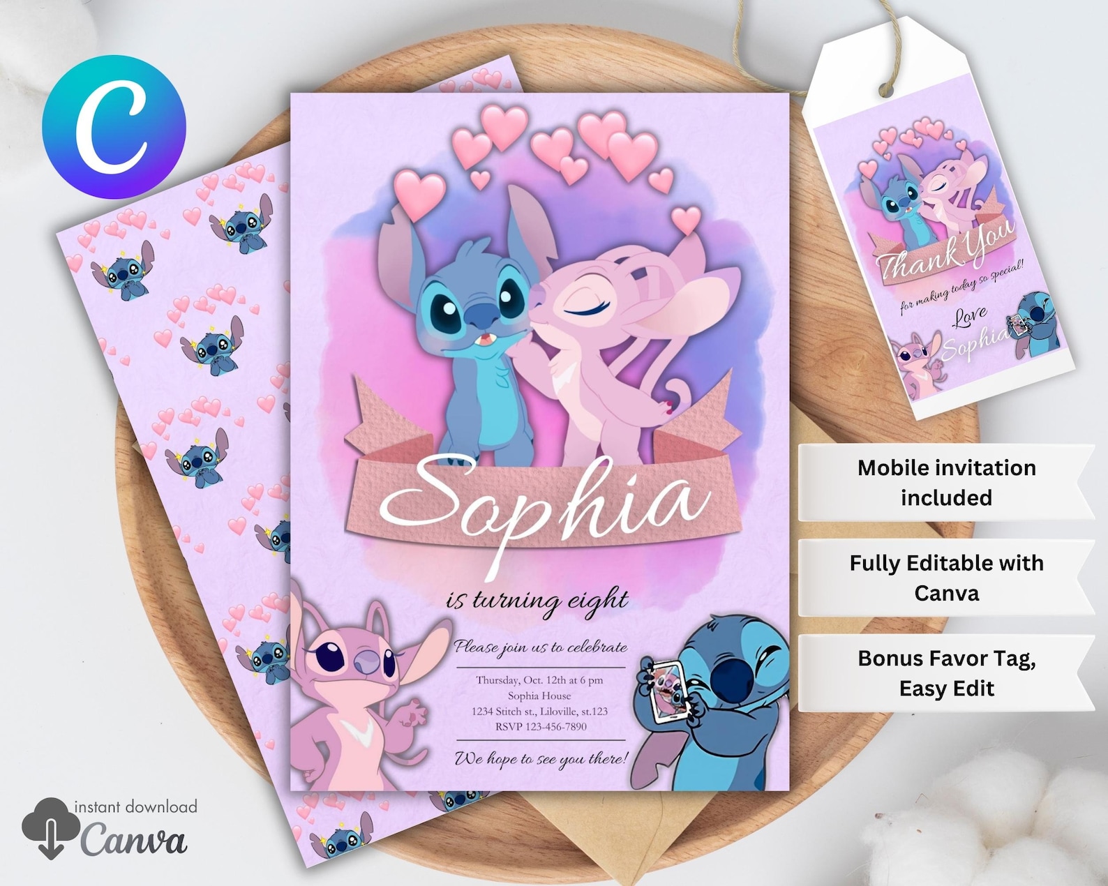 Personalized Stitch and Angel Birthday Party Invitation & Favor Tag ...