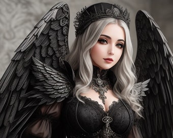 Fantasy Gothic Angel Poster, Goth Style, Steampunk Flowing Tunic, Tinged Beautiful Full Wings ...