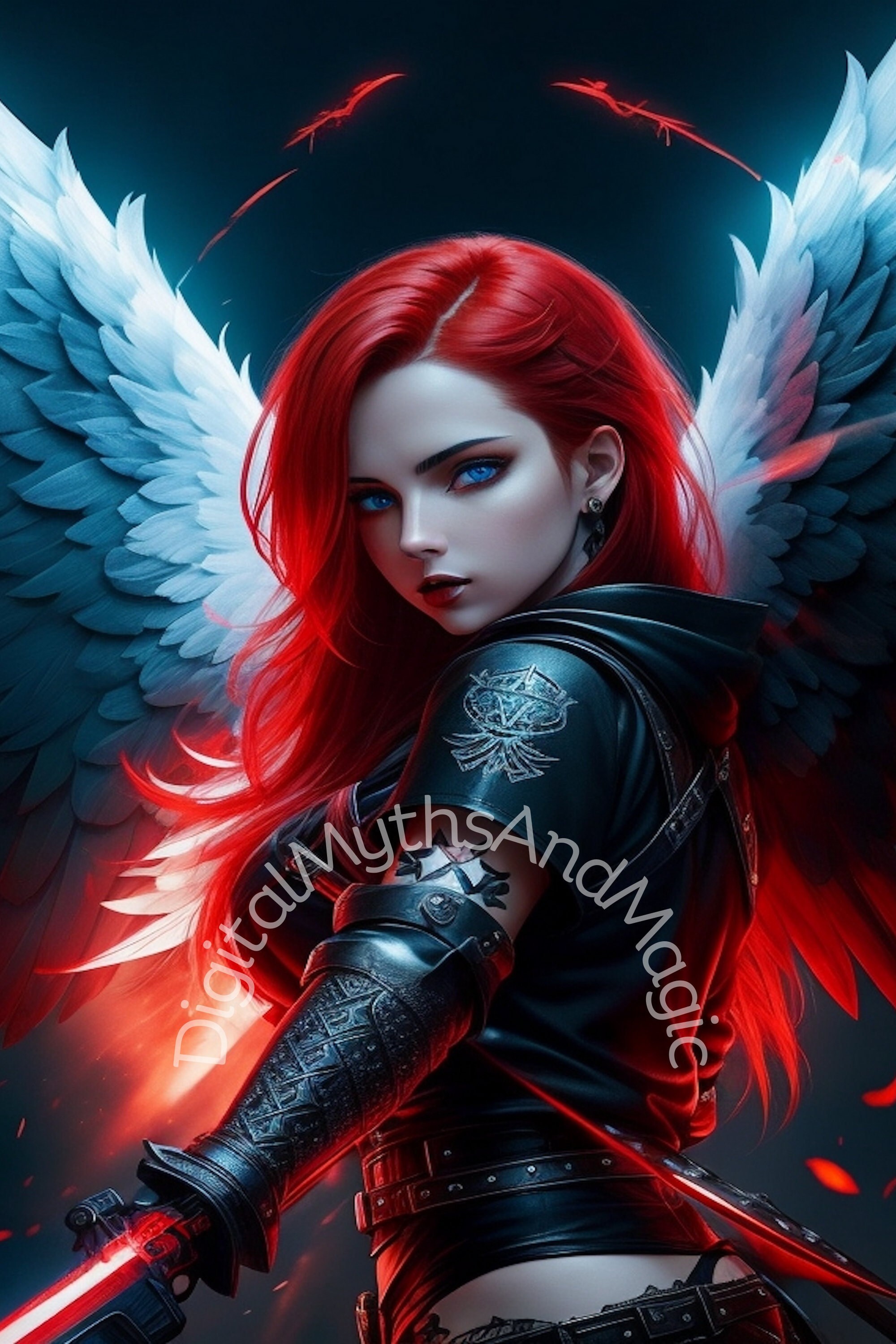 Fantasy Goth Angel Poster, Gothic Style, Red, White and Blue Colors ...