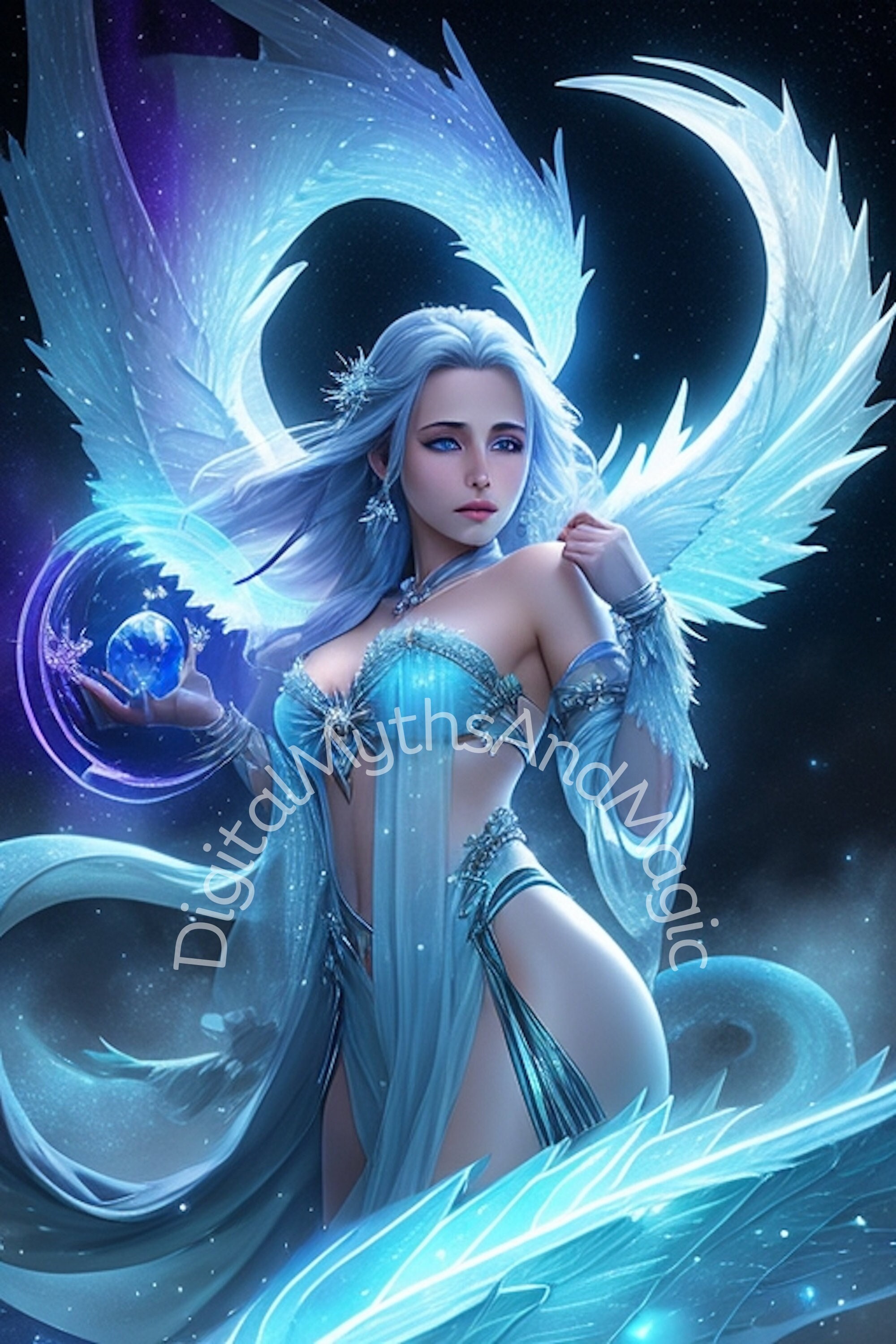 Frost Bright POSTER Beautiful Mystical Female Creature, Decked in Flowing Veils, Icy Blue in ...