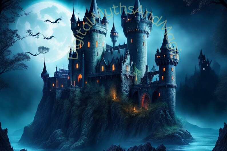 Haunted Castle Poster, Mystical Blue and Eerie Art, Castle at Night ...
