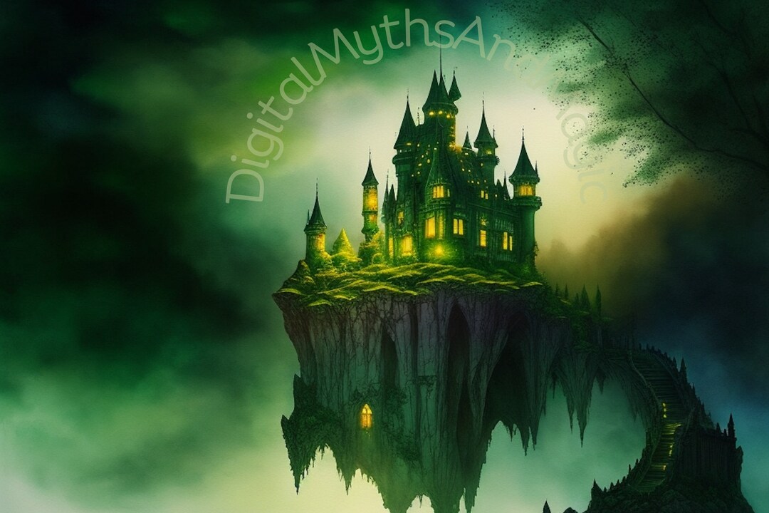 Dragon Castle Poster, Mystical Green and Eerie Art, Castle at Night ...