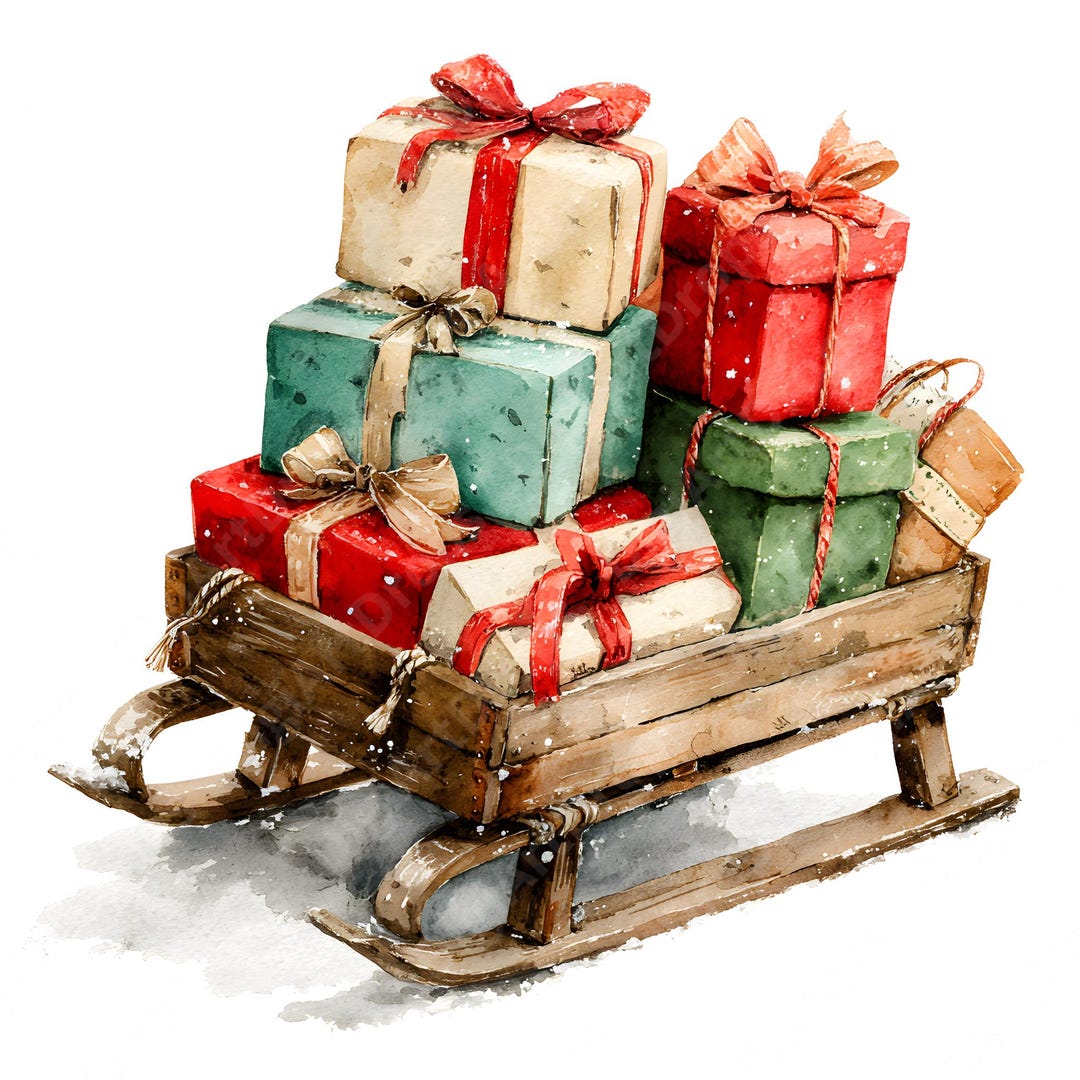 Christmas Sled Clipart, Watercolor Wooden Sledge With Gift Boxes ...
