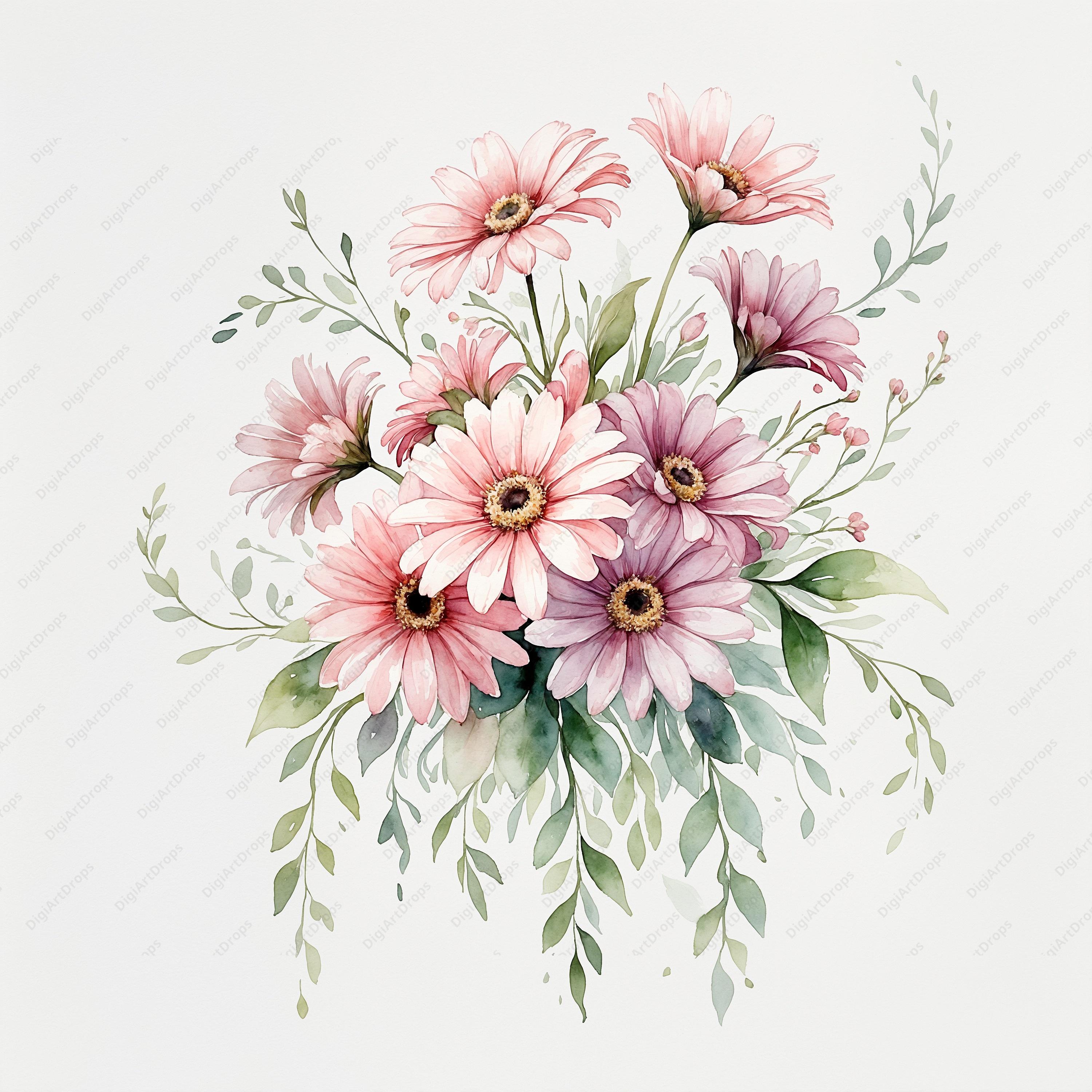 10 Whimsical Watercolor Clipart Bundle Jpgs - Floral Daisy Blooms ...