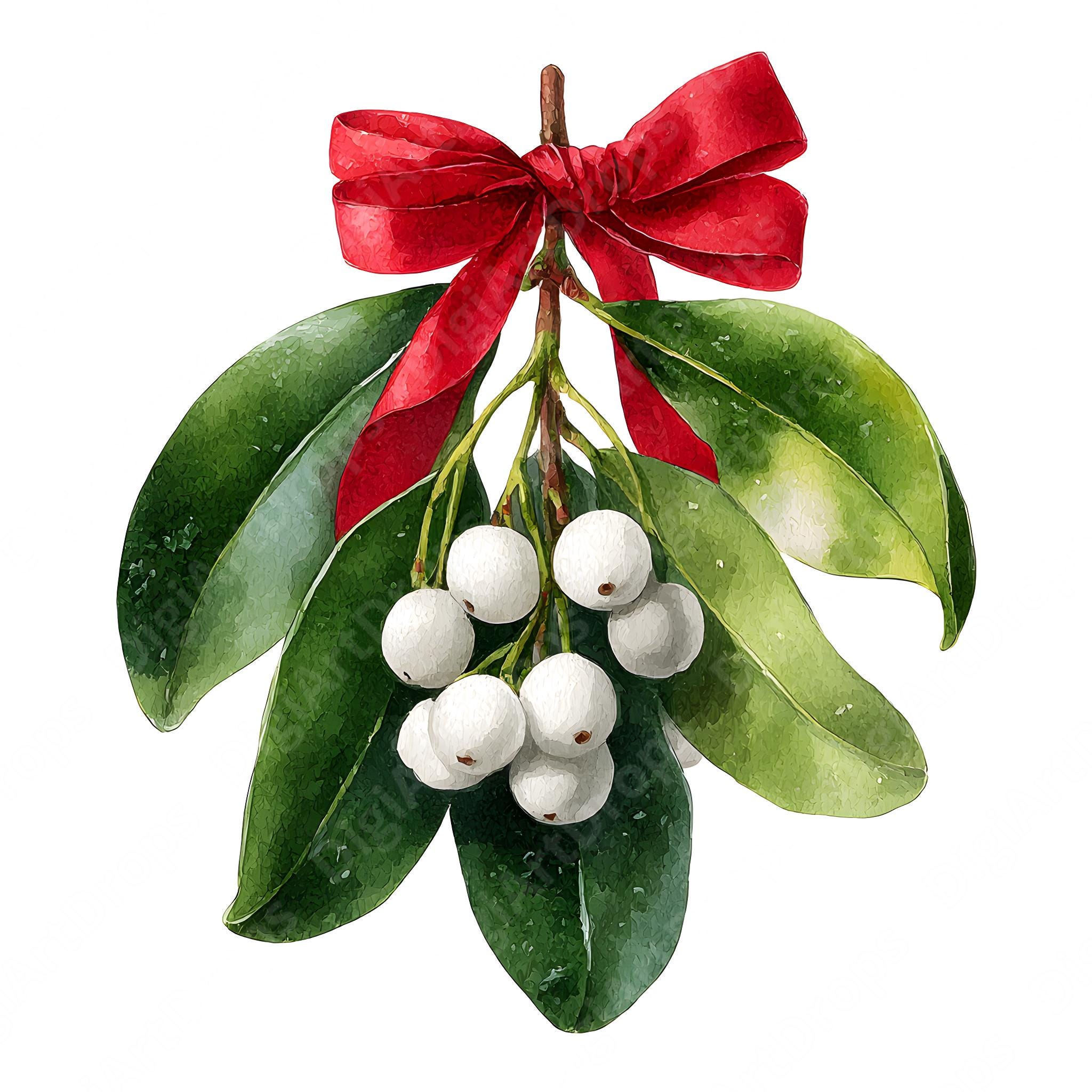 Watercolor Mistletoe Clipart - Christmas Greenery, Red Bow, White ...