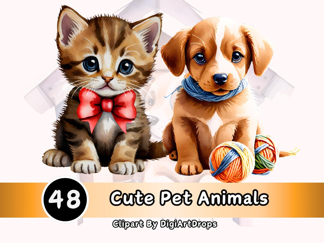 Cute Pets Clipart Bundle 48 Furry Companions Puppy Kitten Bunny ...