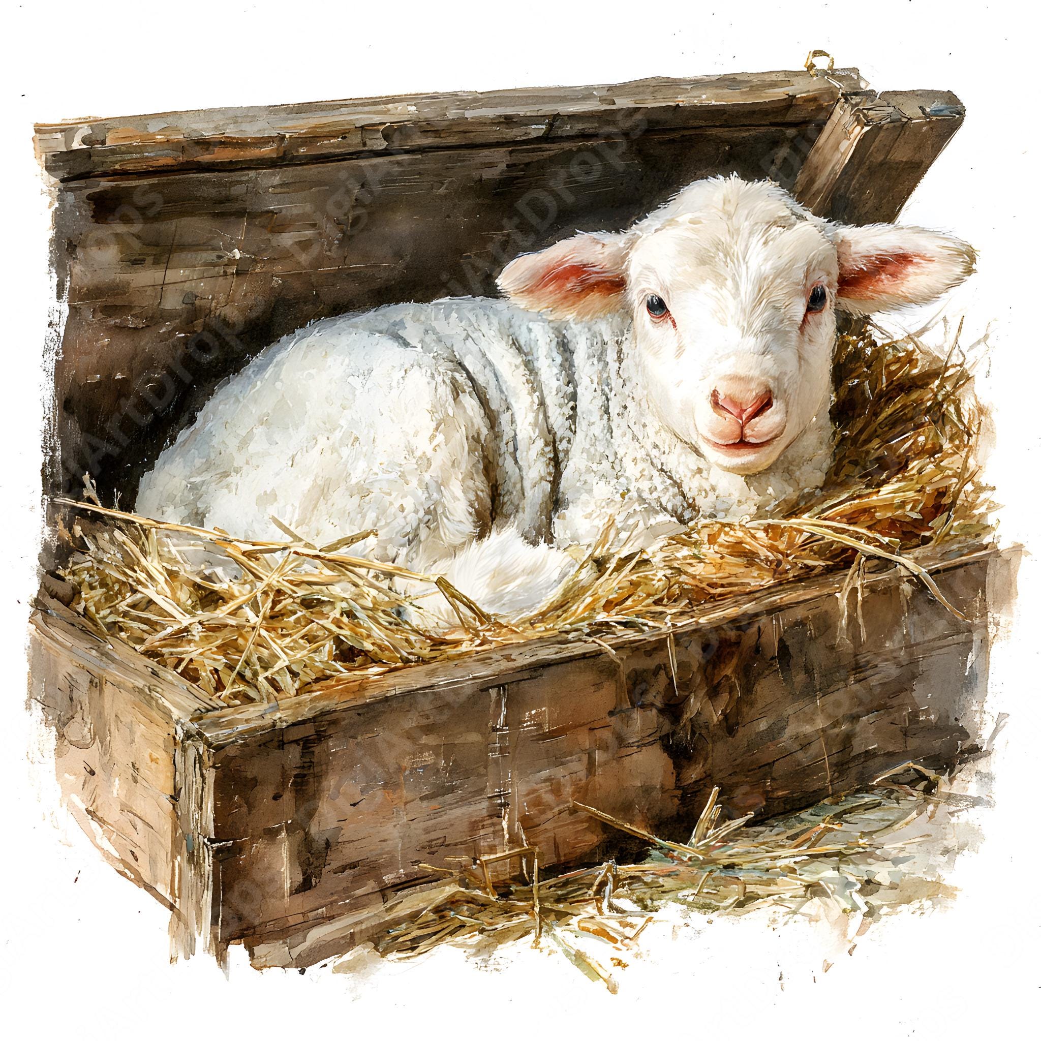 Christmas Lamb Watercolor Clipart – Manger Hay Scene, Rustic Nativity ...