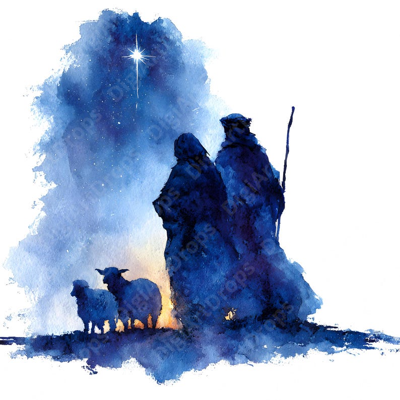 Nativity Shepherds Clipart - Watercolor Sheep Under Christmas Star ...