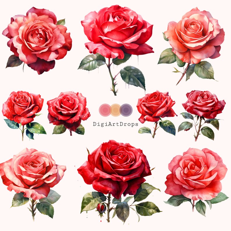 Watercolor Red Roses Clipart Bundle 10 PNG Digital Download High ...