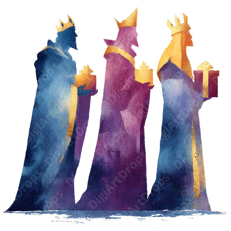 Three Wise Men Clipart — Watercolor Silhouette Magi With Gold Gifts ...