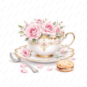 Shabby Chic Clipart, Watercolor Teacups, Pink Rose Floral, Tea Party ...