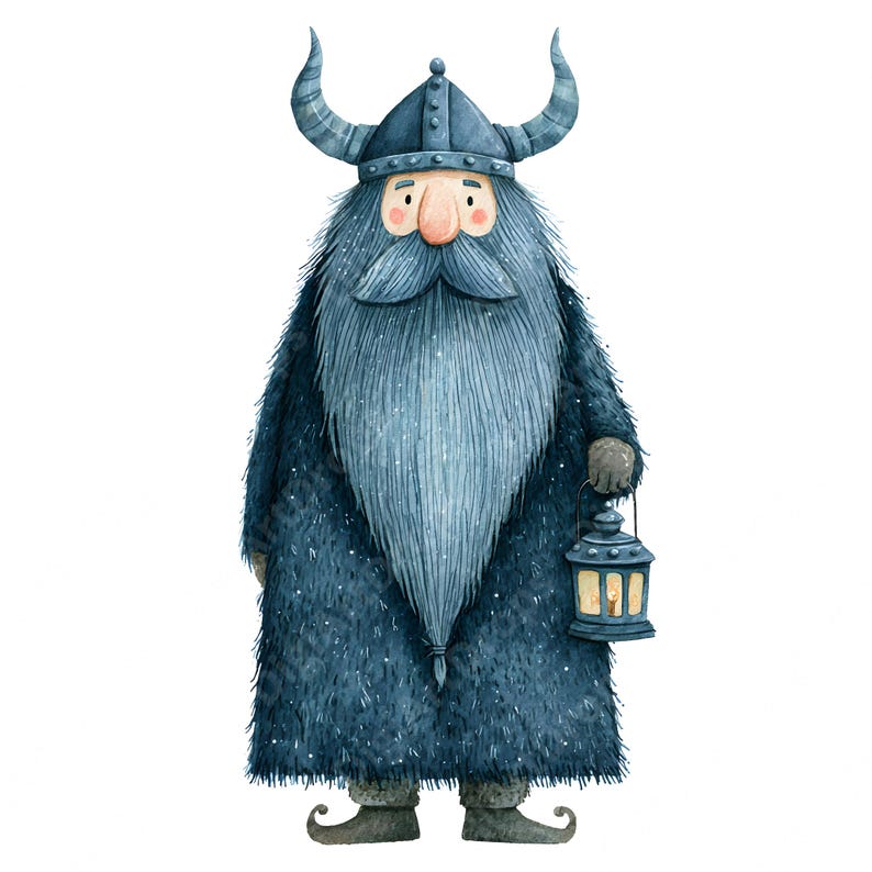 Watercolor Viking Santa Clipart: Nordic Christmas Lantern, Fur Cloak ...