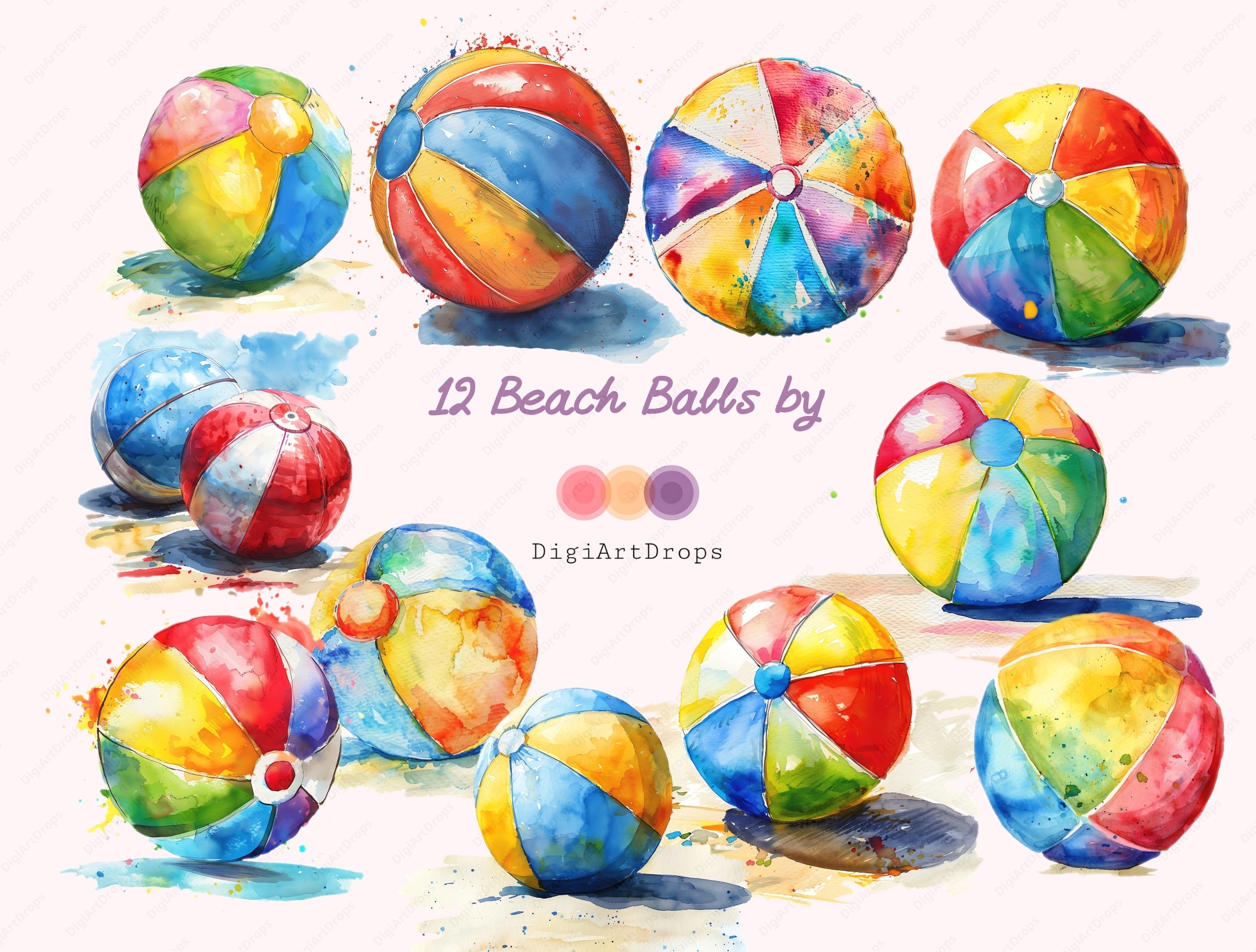 Watercolor Beach Balls Clipart Bundle: Summer PNG Graphics (digital ...