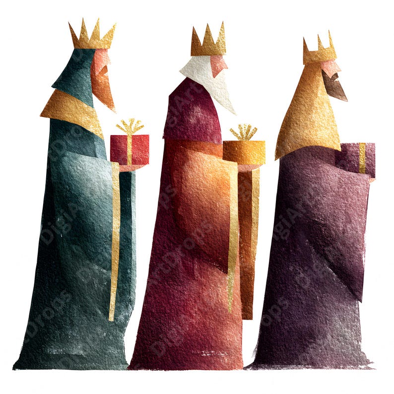 Three Wise Men Clipart — Watercolor Silhouette Magi With Gold Gifts ...