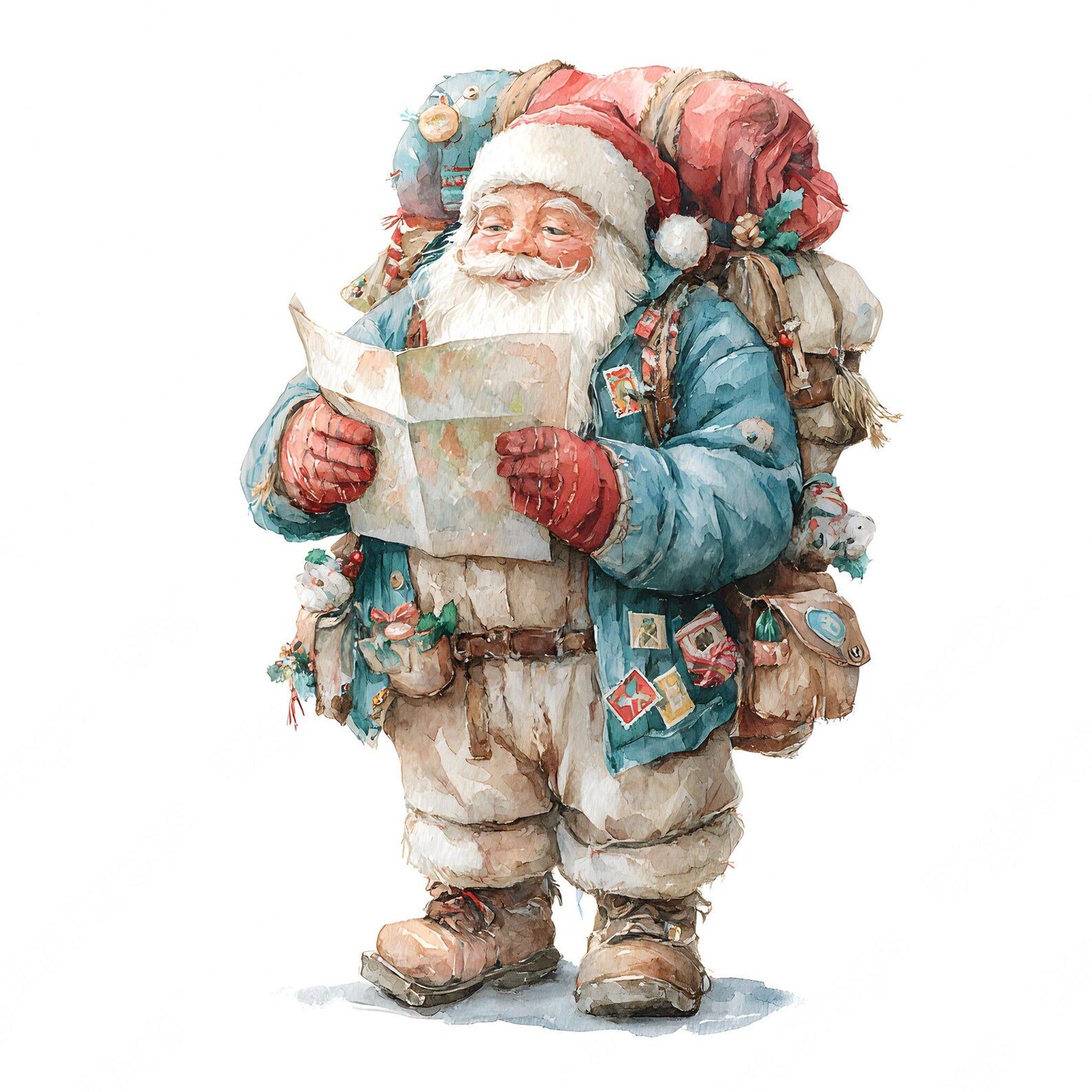 Watercolor Backpacker Santa Clipart - Christmas Travel Map (digital ...