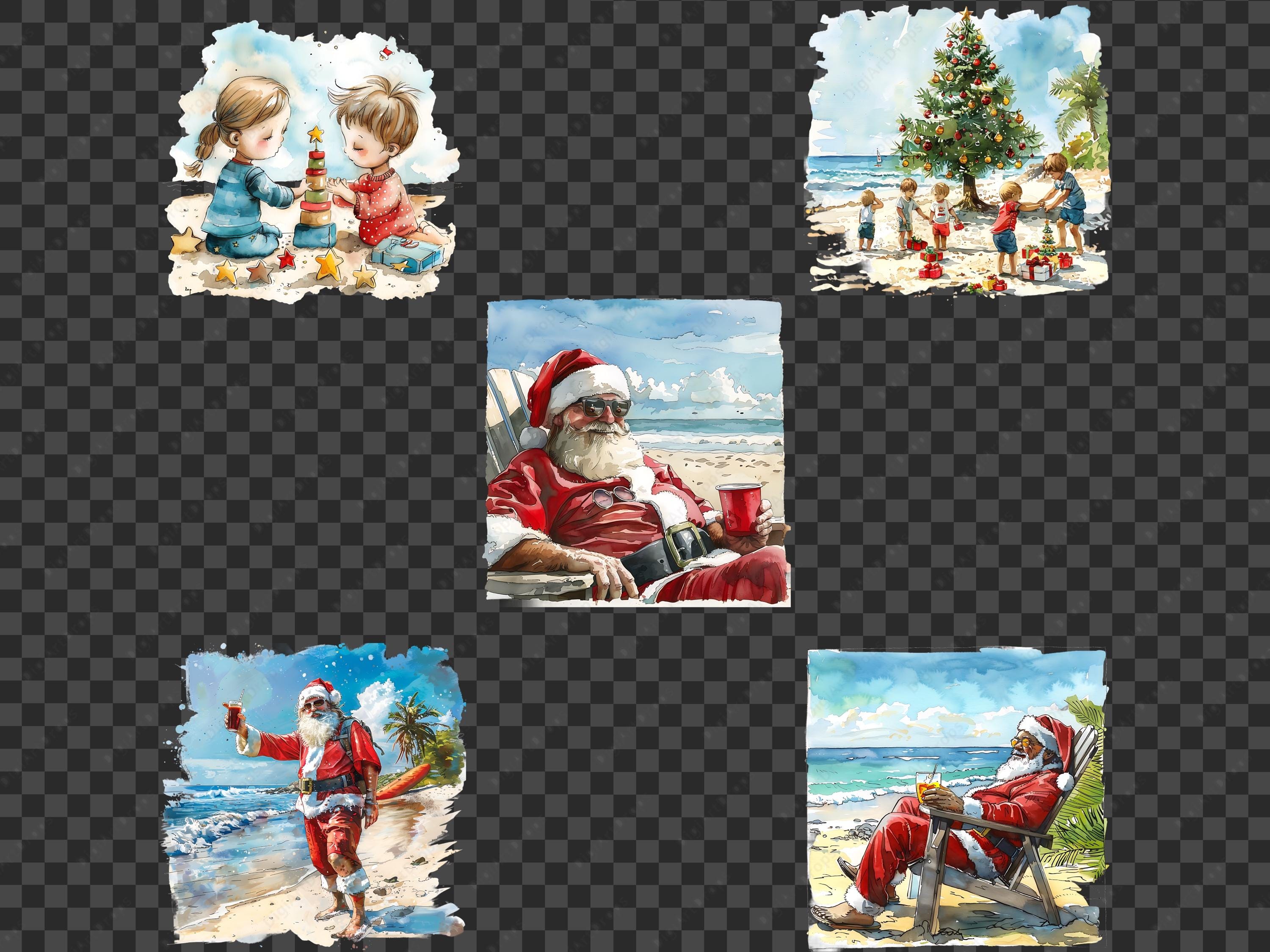 Beach Christmas Clipart Bundle: Santa Surfing, Tropical Holiday (PNG ...