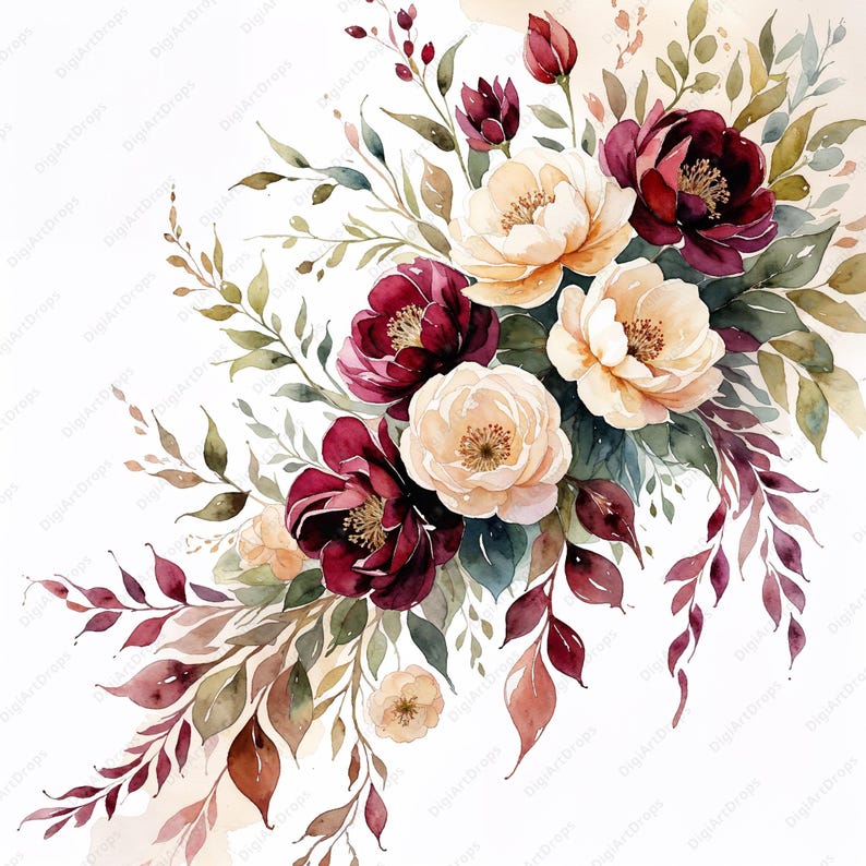 Burgundy Cream Floral Clipart: Vintage Wedding Roses (10 Jpgs) - Etsy