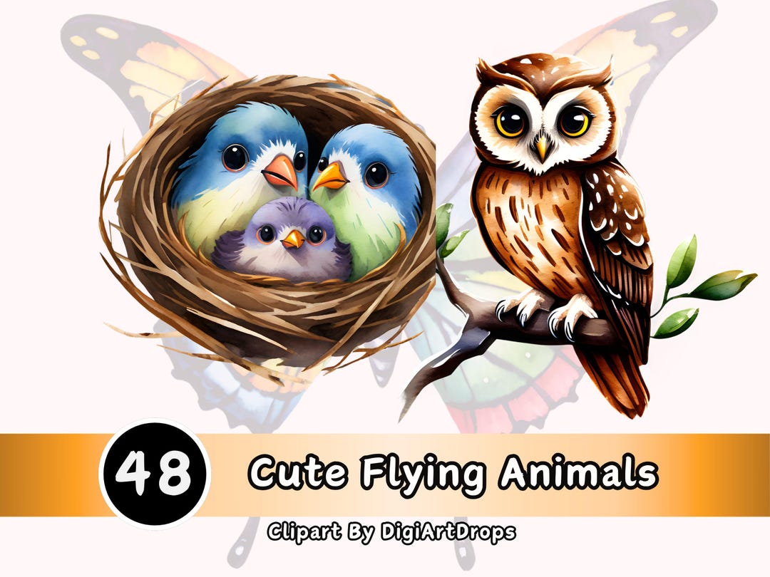 Flying Animals Clipart Bundle: Watercolor Bird, Butterfly, Owl (digital ...