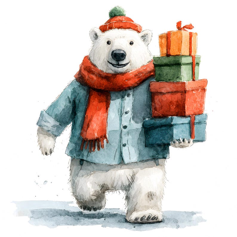 Watercolor Polar Bear Christmas Clipart: Santa's Helper (digital ...