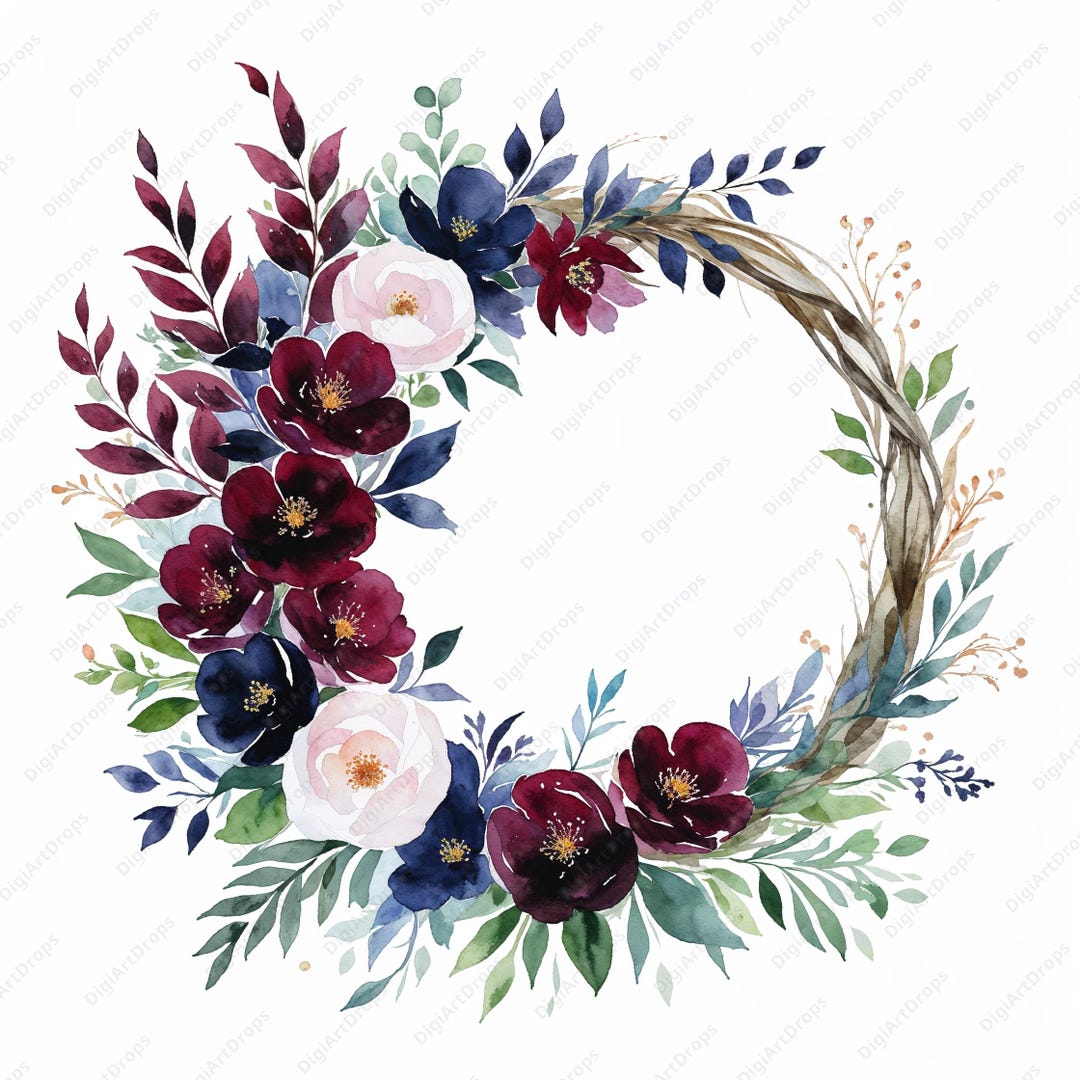 Watercolor Floral Clipart Blue Burgundy 10 Jpgs - Elegant Circular ...