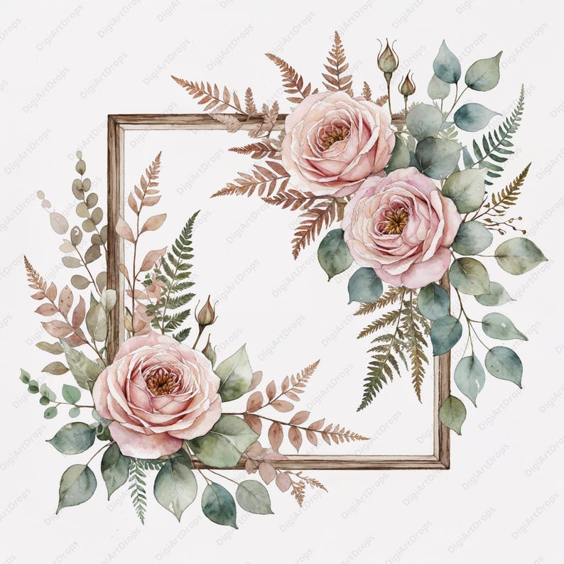 Watercolor Floral Frame Clipart: Rustic Rose & Eucalyptus (digital ...