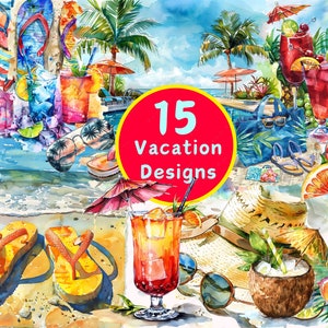 Summer Vacation Clipart Bundle: Beach Cocktails & Flip Flops (15 PNG ...