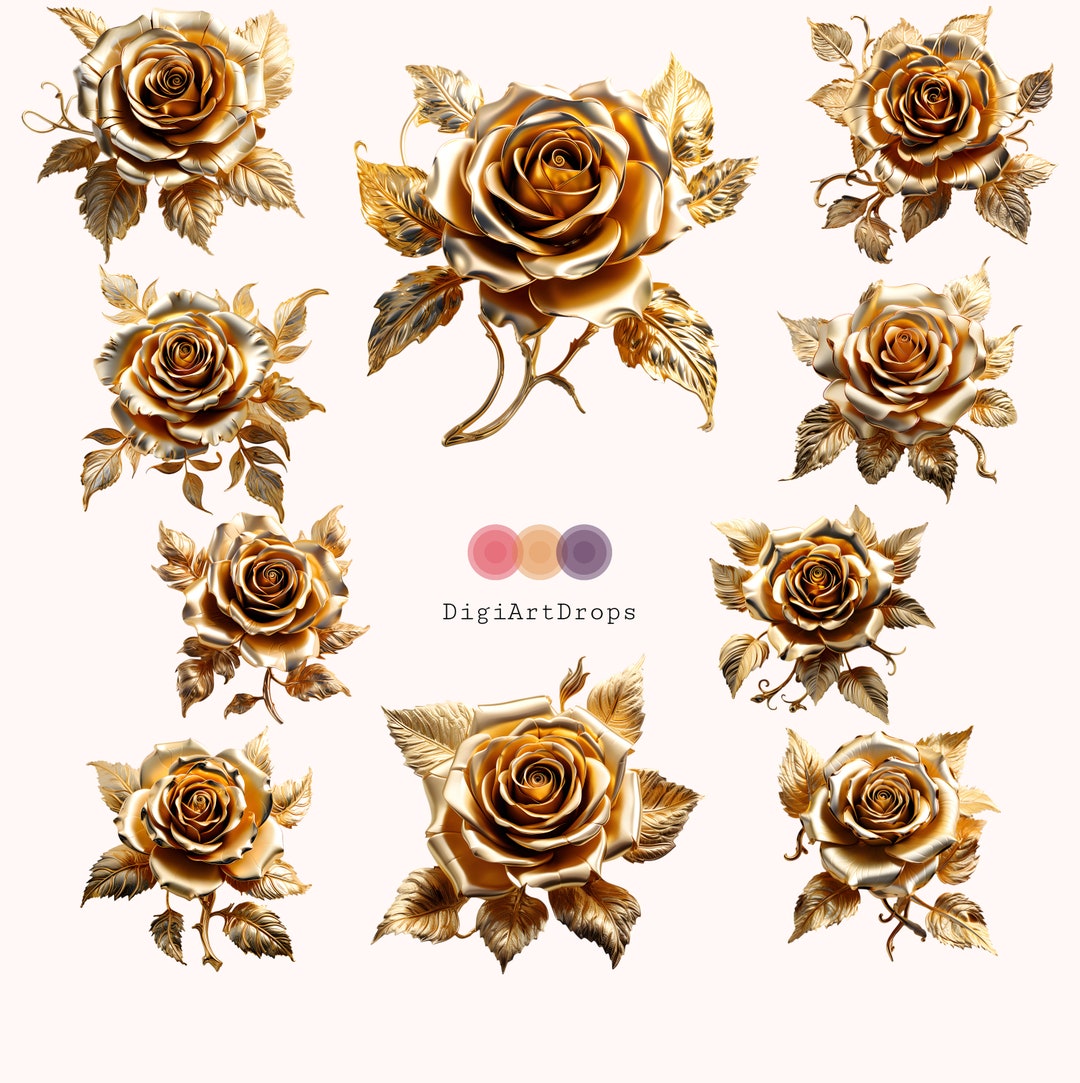 Gold Roses Clipart: Luxurious Watercolor Floral PNG (digital Download ...