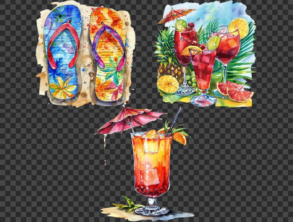 Summer Vacation Clipart Bundle: Beach Cocktails & Flip Flops (15 PNG ...