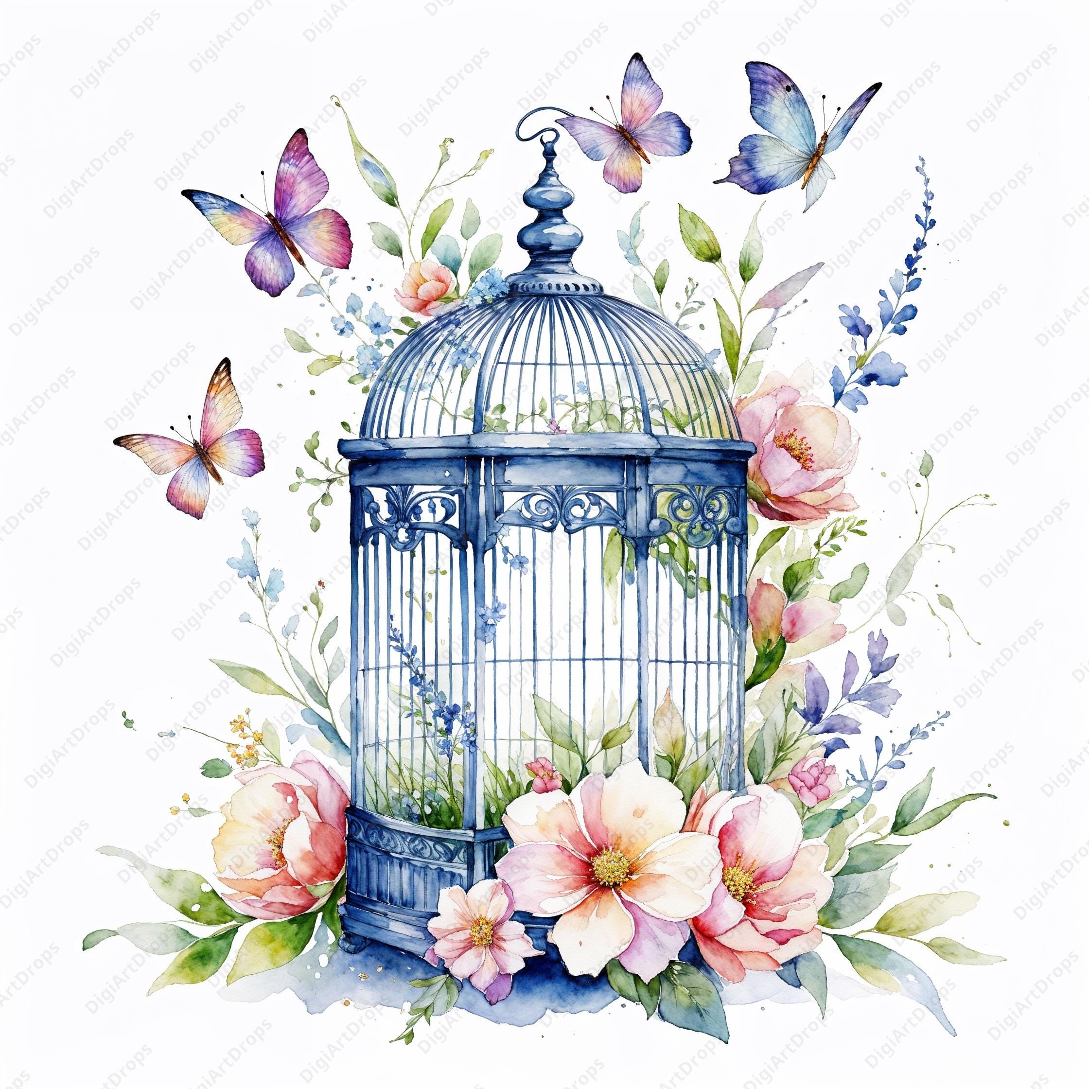 Watercolor Floral Birdcage Clipart: Whimsical Wedding Graphics (digital ...
