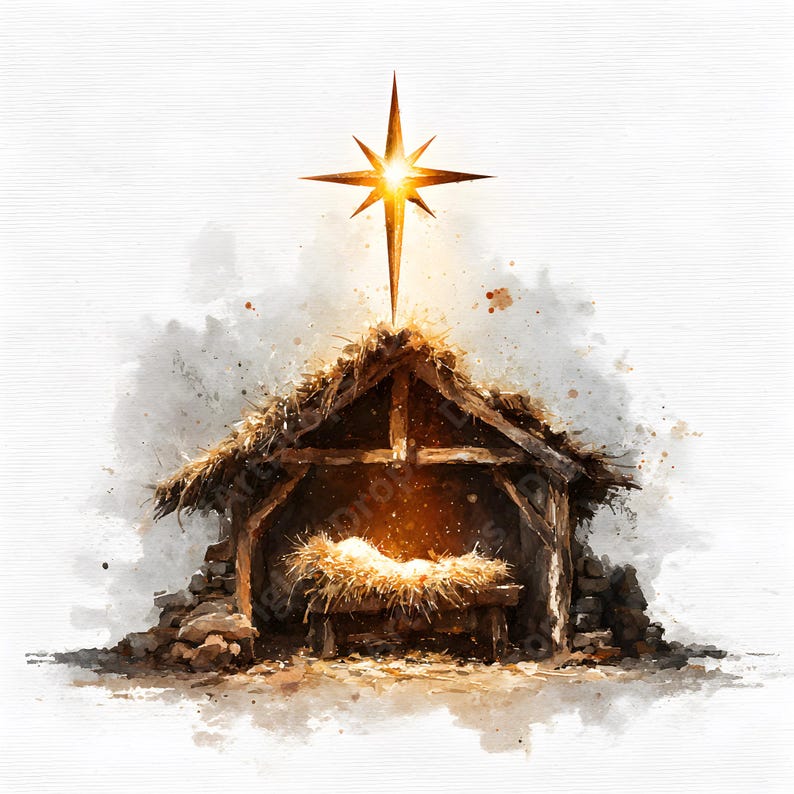Bethlehem Star Nativity Clipart – Watercolor Manger Scene, Christian ...