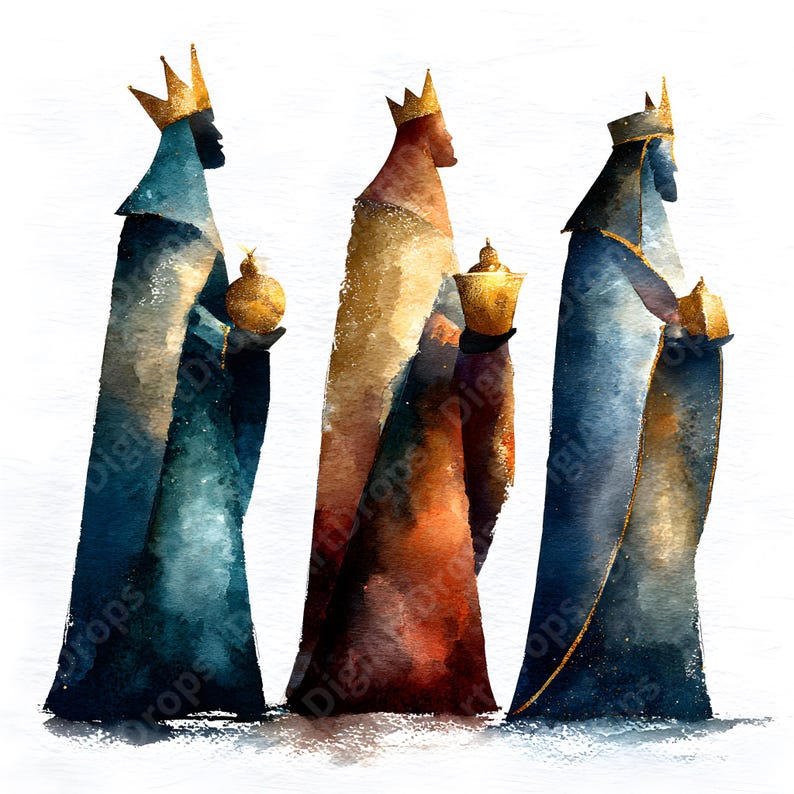 Three Wise Men Clipart — Watercolor Silhouette Magi With Gold Gifts ...
