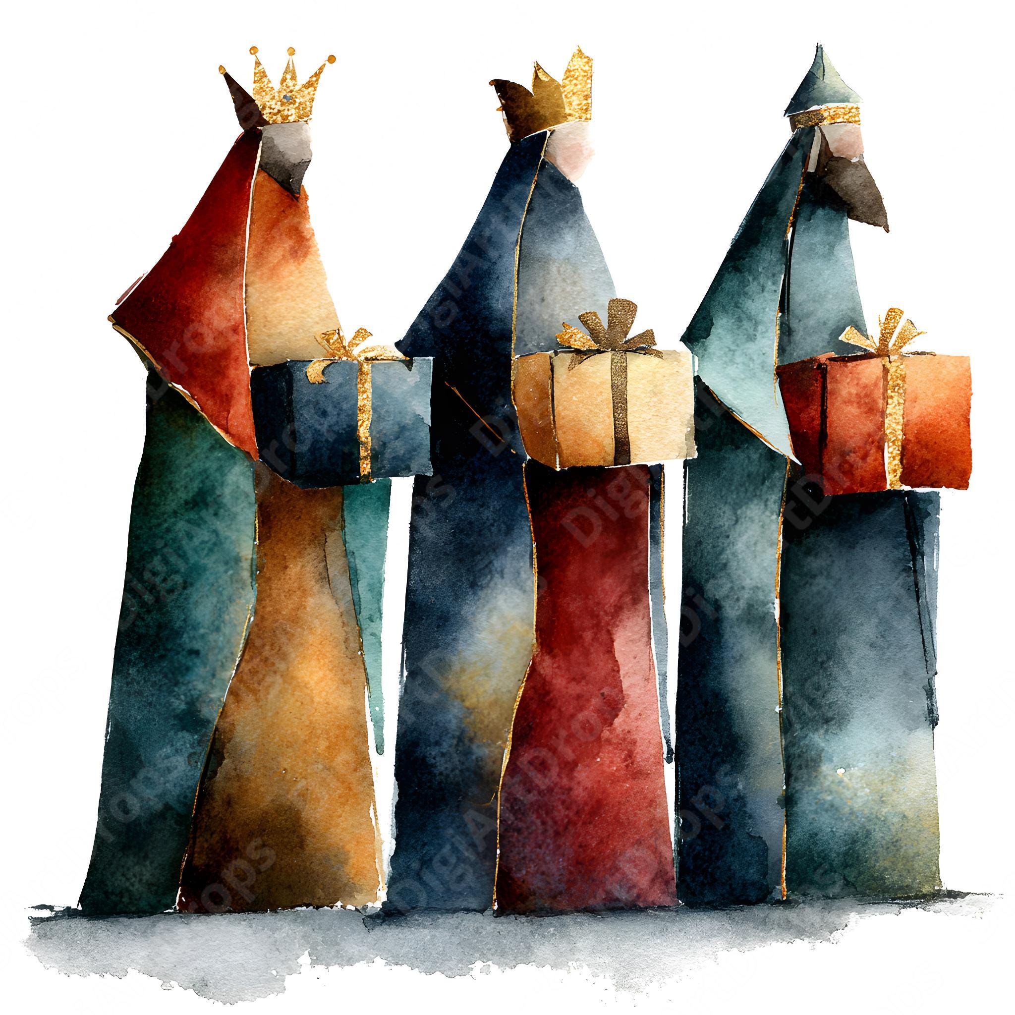 Three Wise Men Clipart — Watercolor Silhouette Magi With Gold Gifts ...
