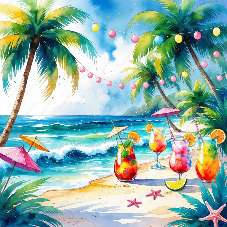 Tropical Watercolor Beach Party Clipart, Palm Trees & Colorful Drinks ...