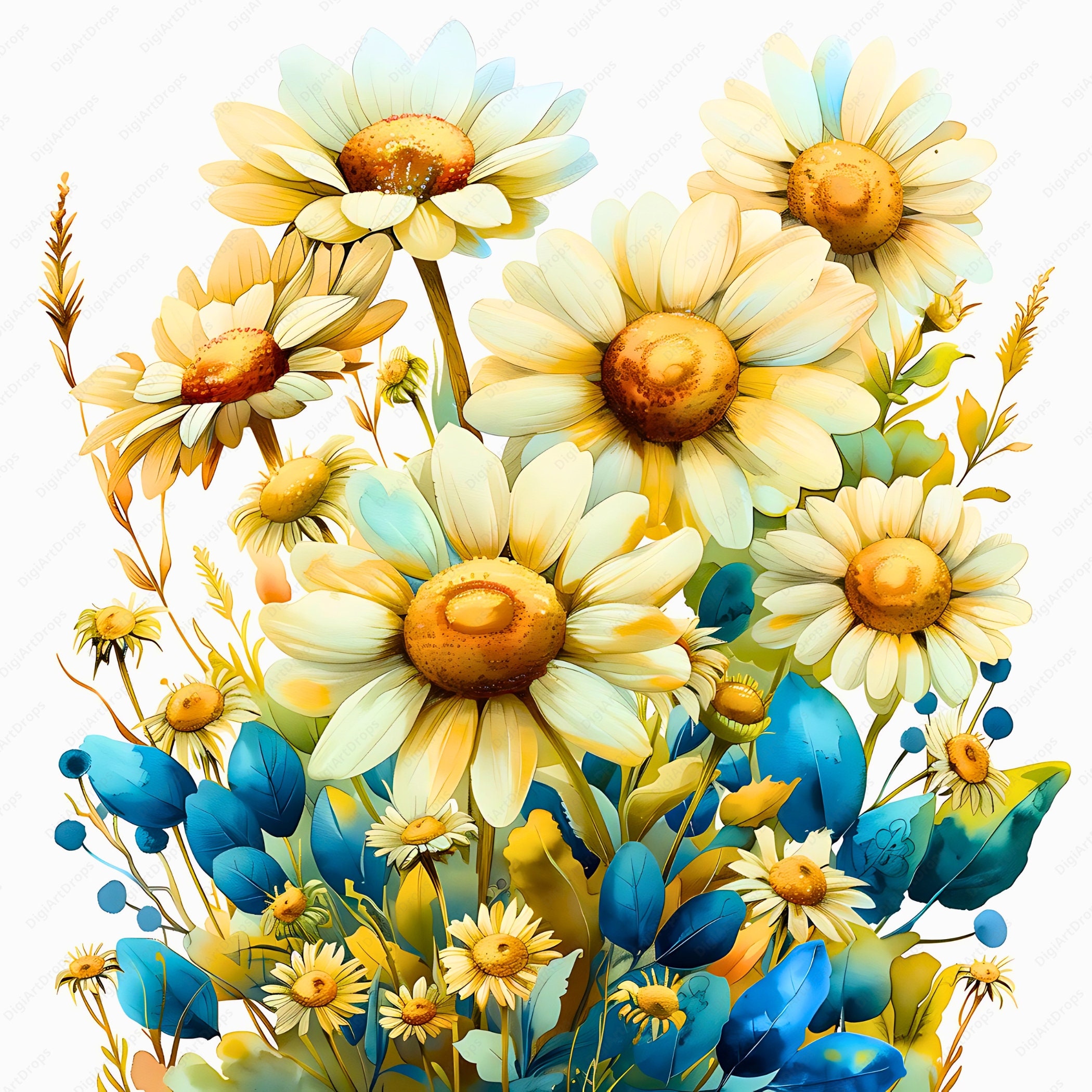 Watercolor Daisy Clipart: White, Yellow & Blue Floral Designs (JPG ...