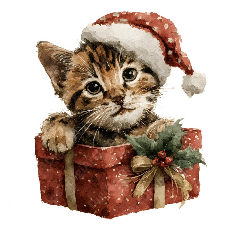 Christmas Kitten Clipart: Watercolor Cat in Gift Box (digital Download ...