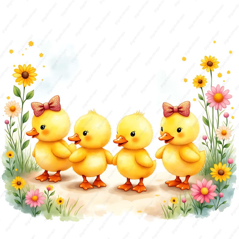 Watercolor Duckling Clipart, Kawaii Baby Ducks, Summer Party Art ...