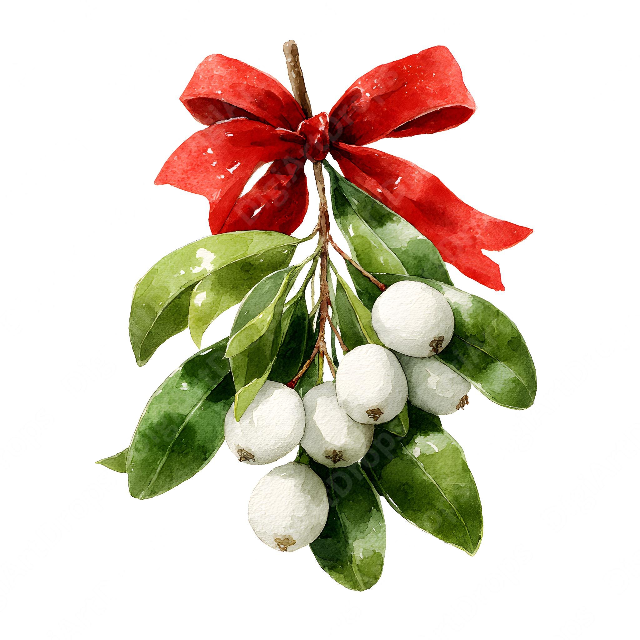 Watercolor Mistletoe Clipart - Christmas Greenery, Red Bow, White ...